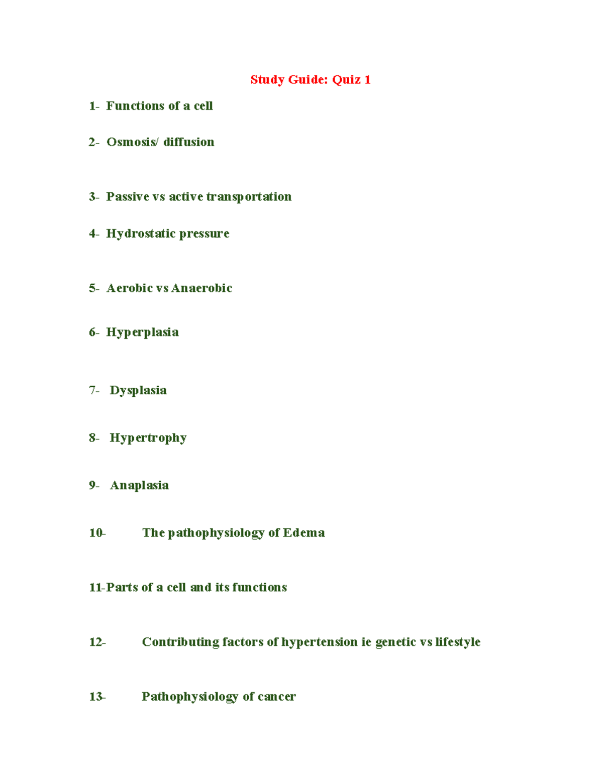 Study Guide: Quiz 1 on Cell Functions & Pathophysiology - Studocu