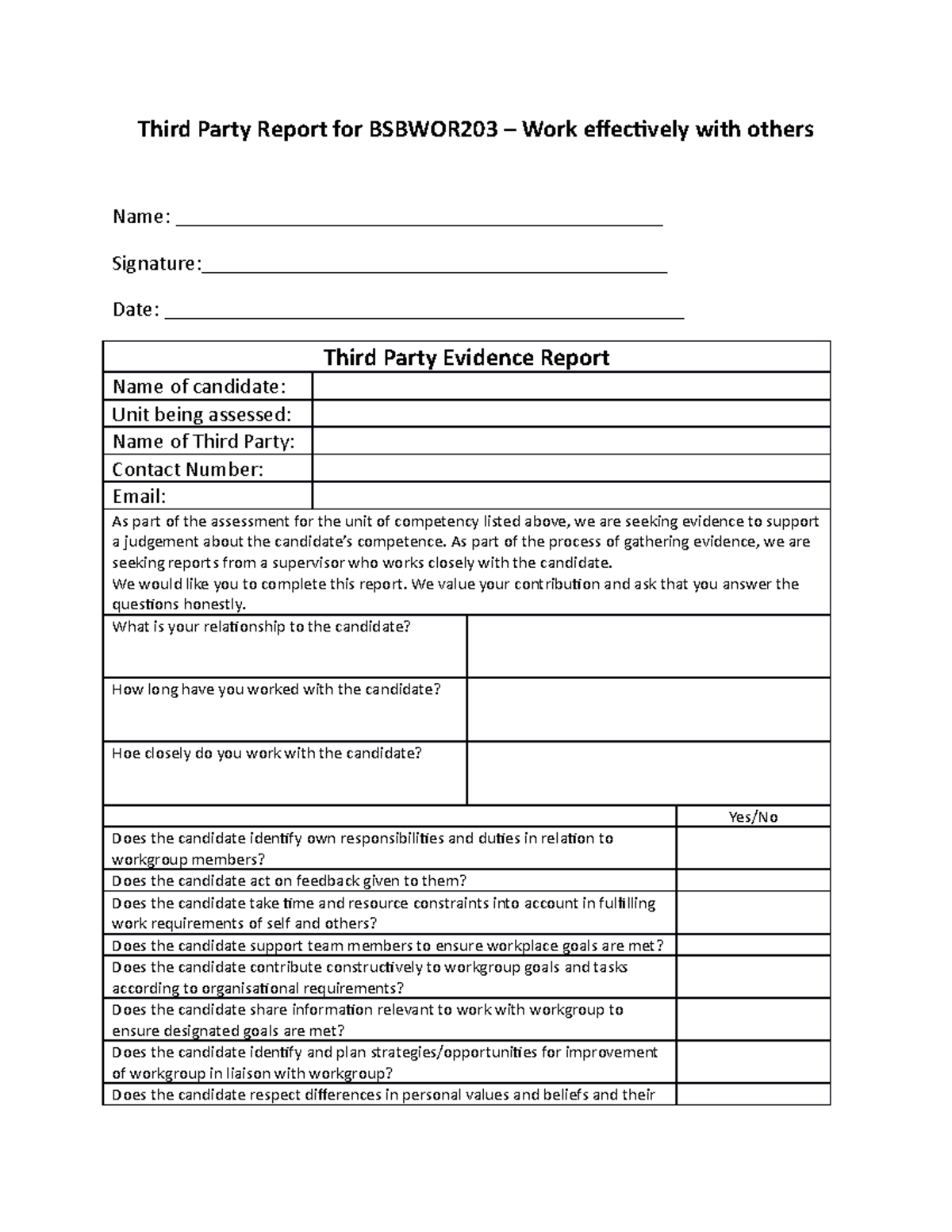 Third Party Evidence Report for BSBWOR203 Assessment - Studocu