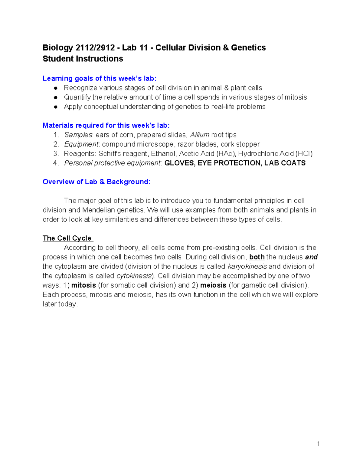 Lab 11 - Cell Division & Genetics (Bio 2112/2912) - Student ...