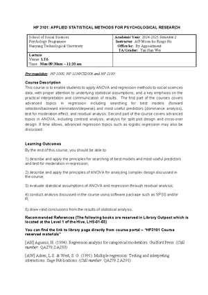 HP3101 Course Outline 23-24 - HP 3101: APPLIED STATISTICAL METHODS FOR ...