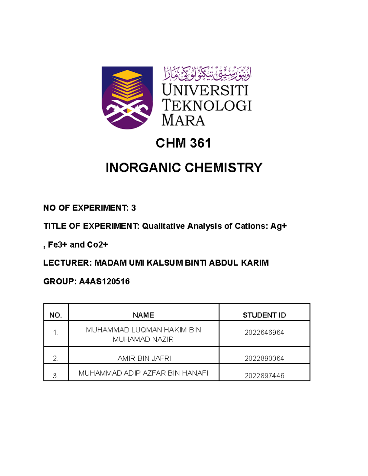 Qualitative Analysis of Cations: Lab Report for CHM361 (Exp 3) - Studocu