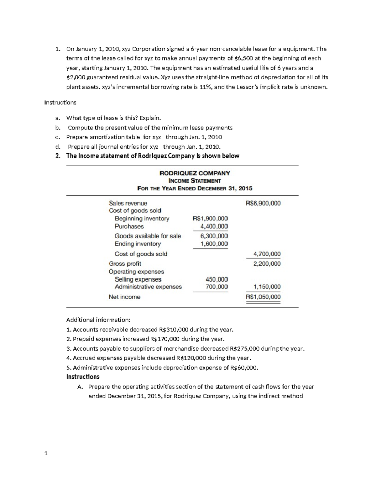Intermediate Accounting Assignment: Lease Analysis & Cash Flow ...