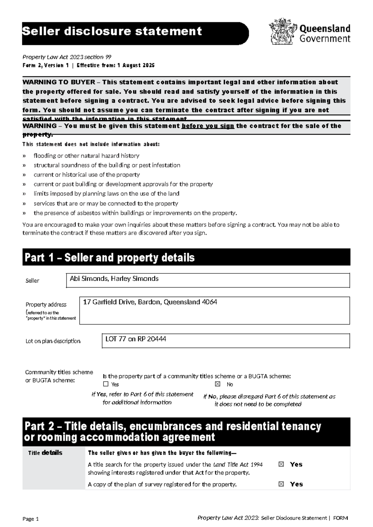 Seller Disclosure Statement - Property Law Act 2023, Form 2 - Studocu