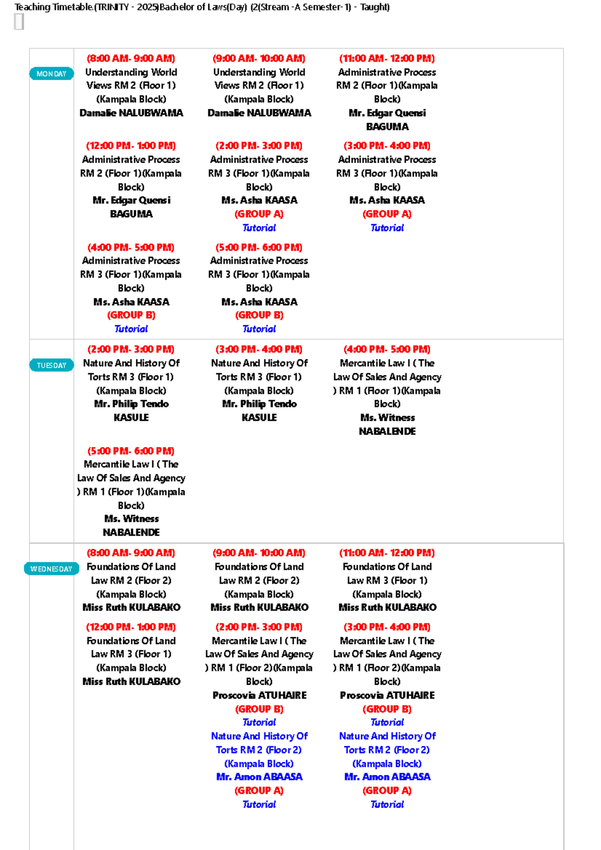 Teaching Timetable for Bachelor of Laws (LLB 2 K A) - 2025 - Studocu