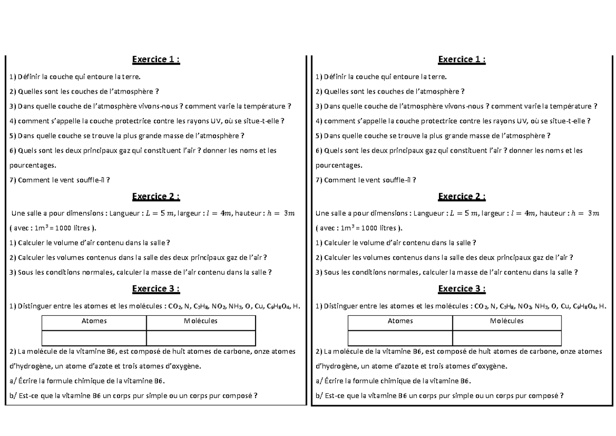 Devoir à Domicile 2APIC S1 Physique Chimie - Exercice 1 à 3 - Studocu