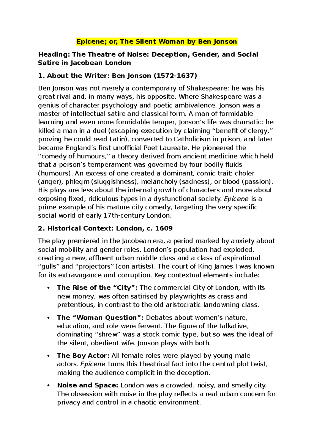 CID Notes: Theatrical Analysis of Jacobean and Georgian Drama - Studocu