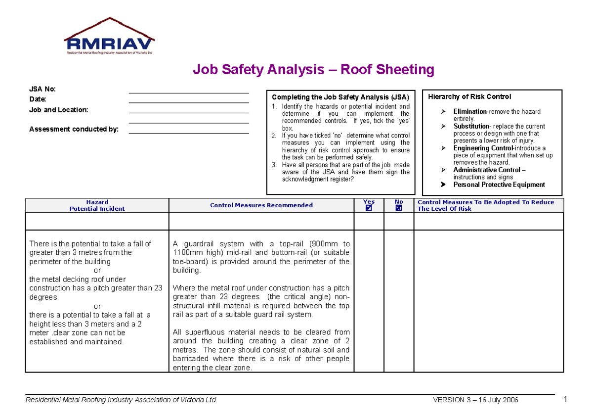 JSA for Roof Sheeting: Safety Measures & Risk Controls - Studocu