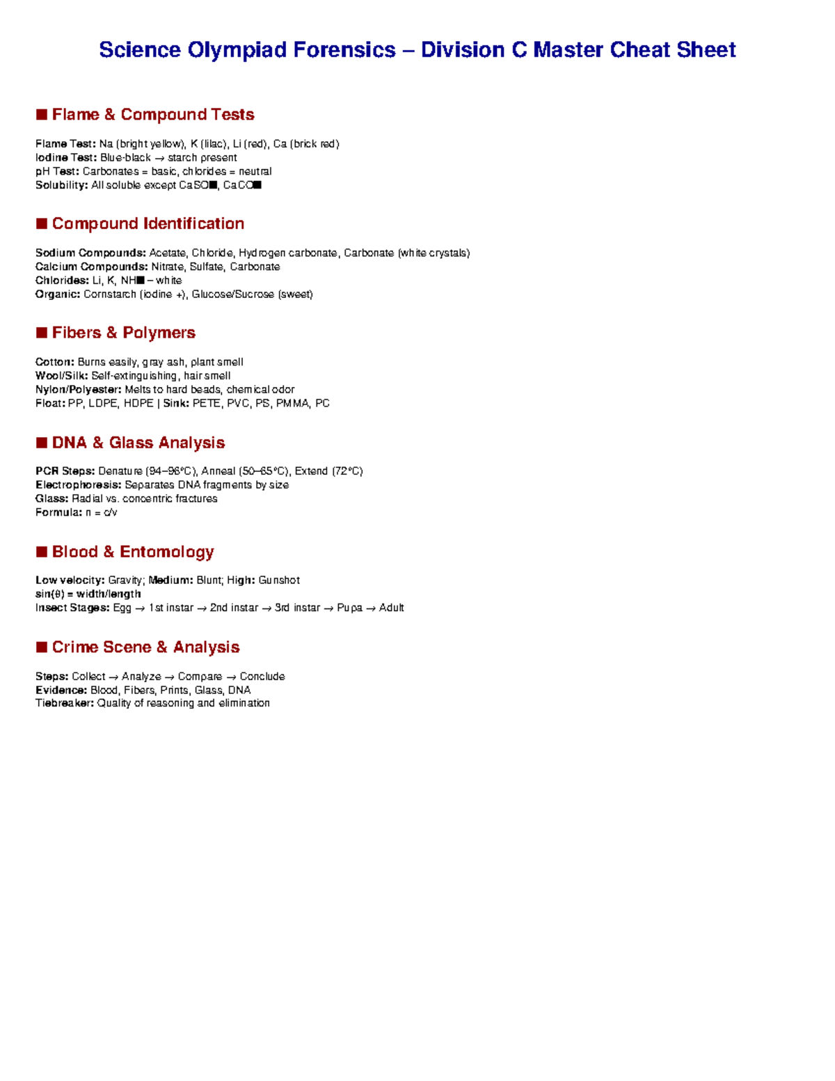 Forensics Division C Master Cheat Sheet: Flame & Compound Tests - Studocu