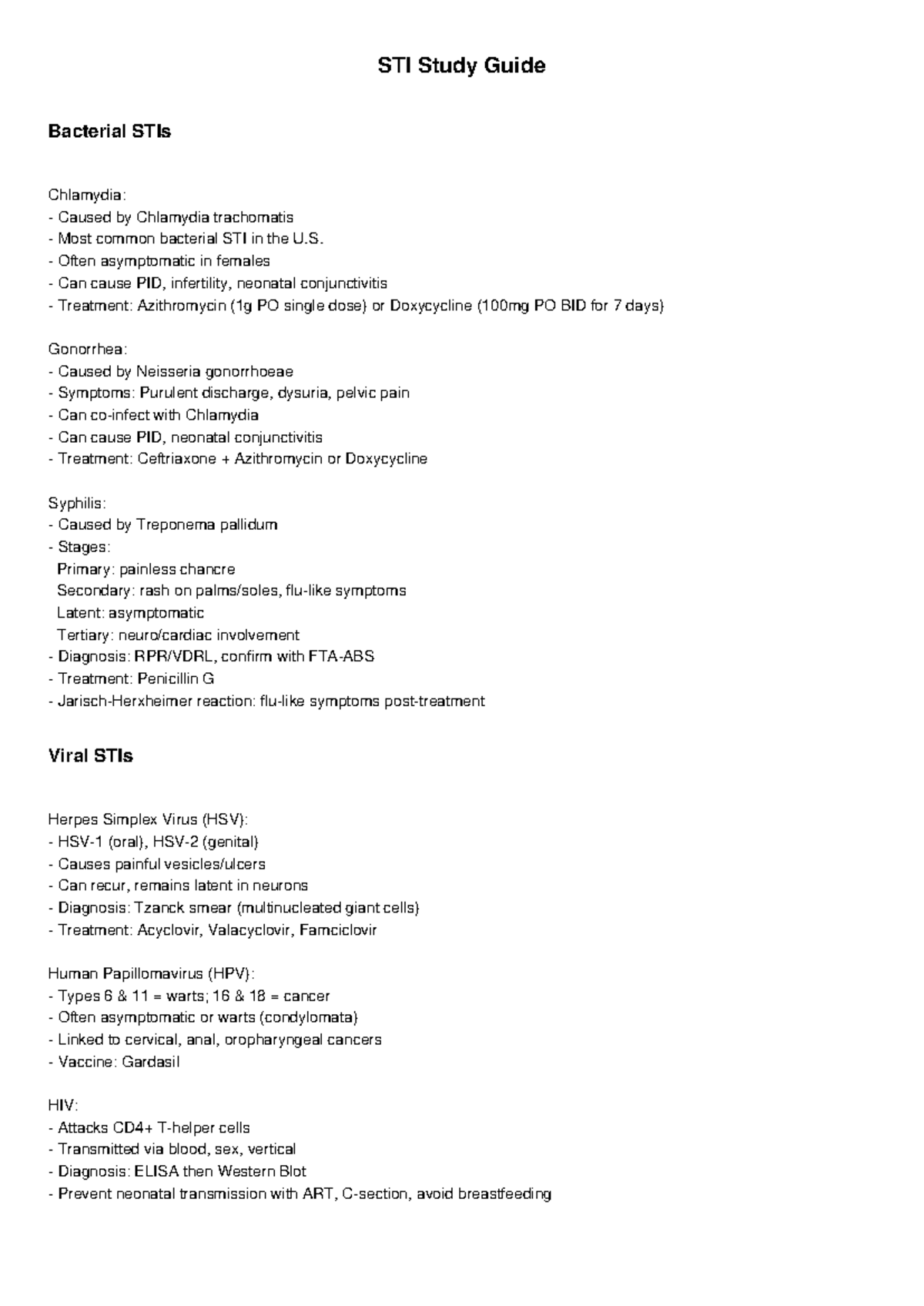 STI Study Guide: Bacterial & Viral STIs for Nursing Students - Studocu