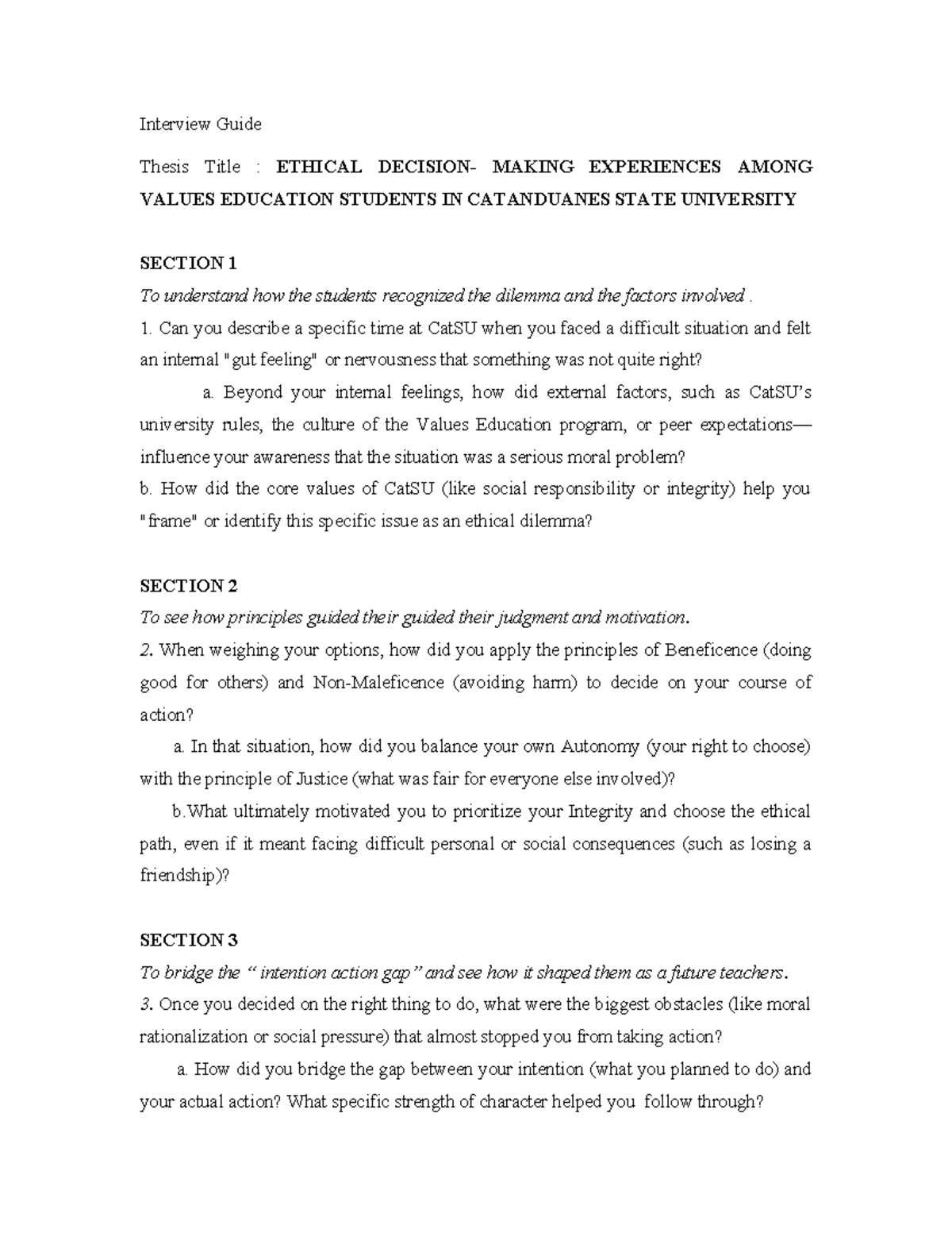 Interview Guide: Ethical Decision-Making in Values Education at CatSU ...