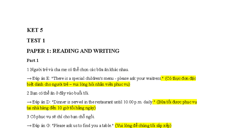 KET 5 TEST 1 PAPER 1: READING AND WRITING Practice Answers - Studocu