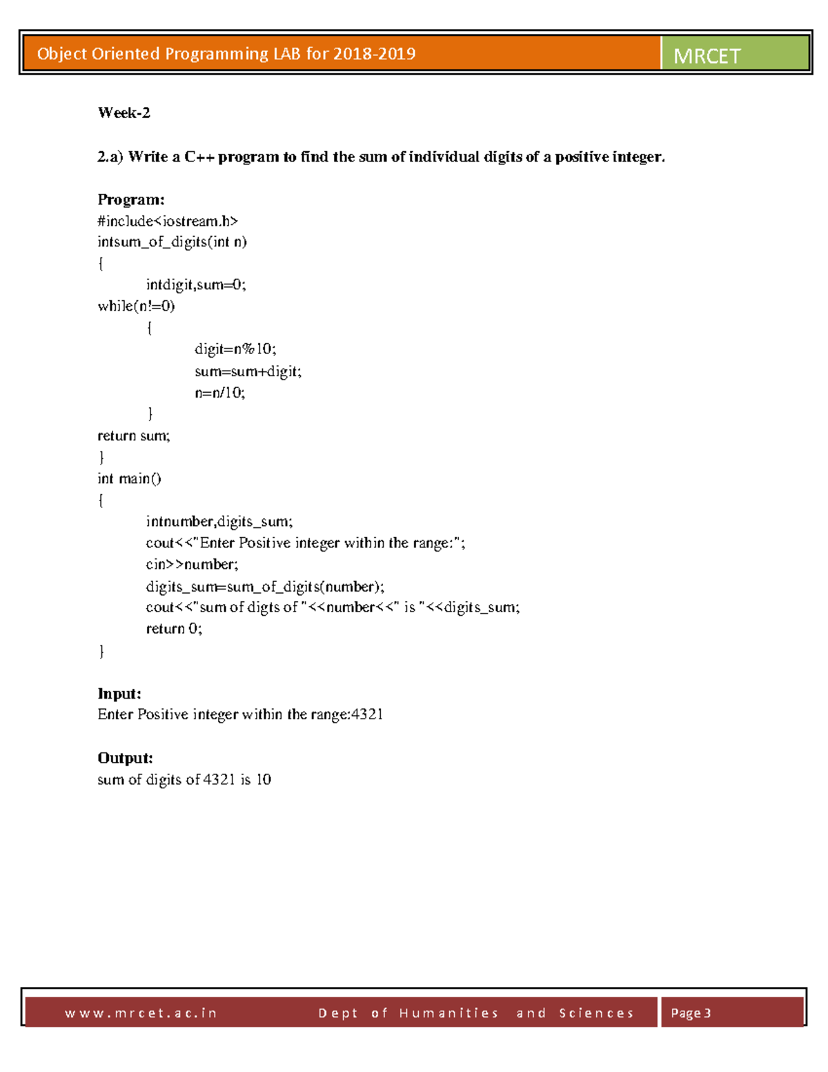 C++ Library Functions: OOP Lab Exercises 2018-2019 MRCET - Studocu