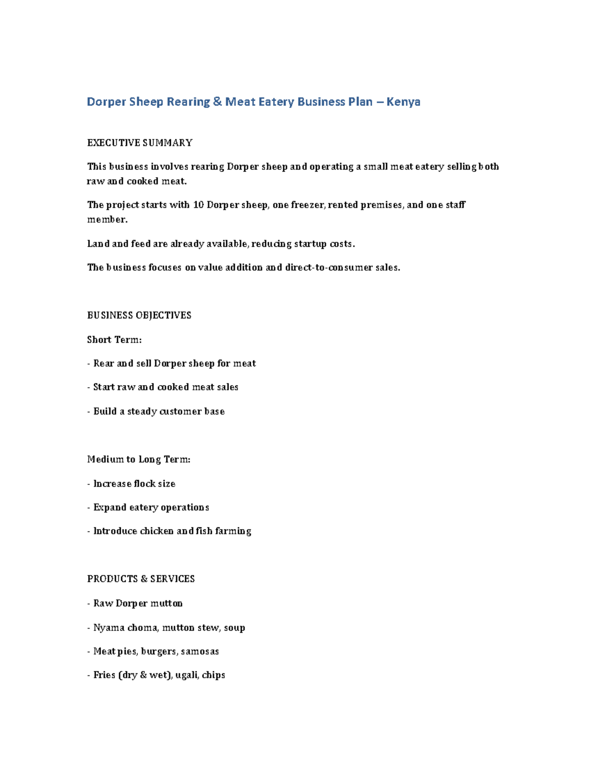Dorper Sheep & Meat Eatery Business Plan - Kenya Executive Summary ...