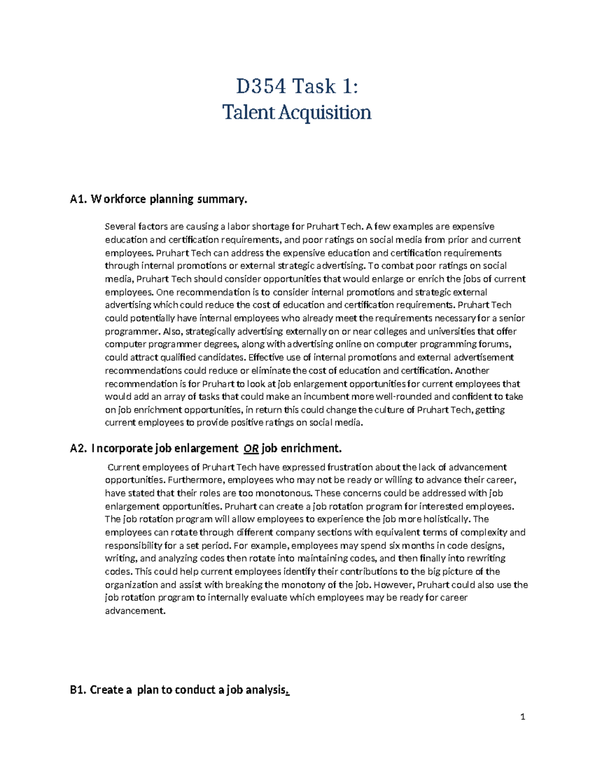 D354 Task 1: Strategies for Talent Acquisition and Workforce Planning ...