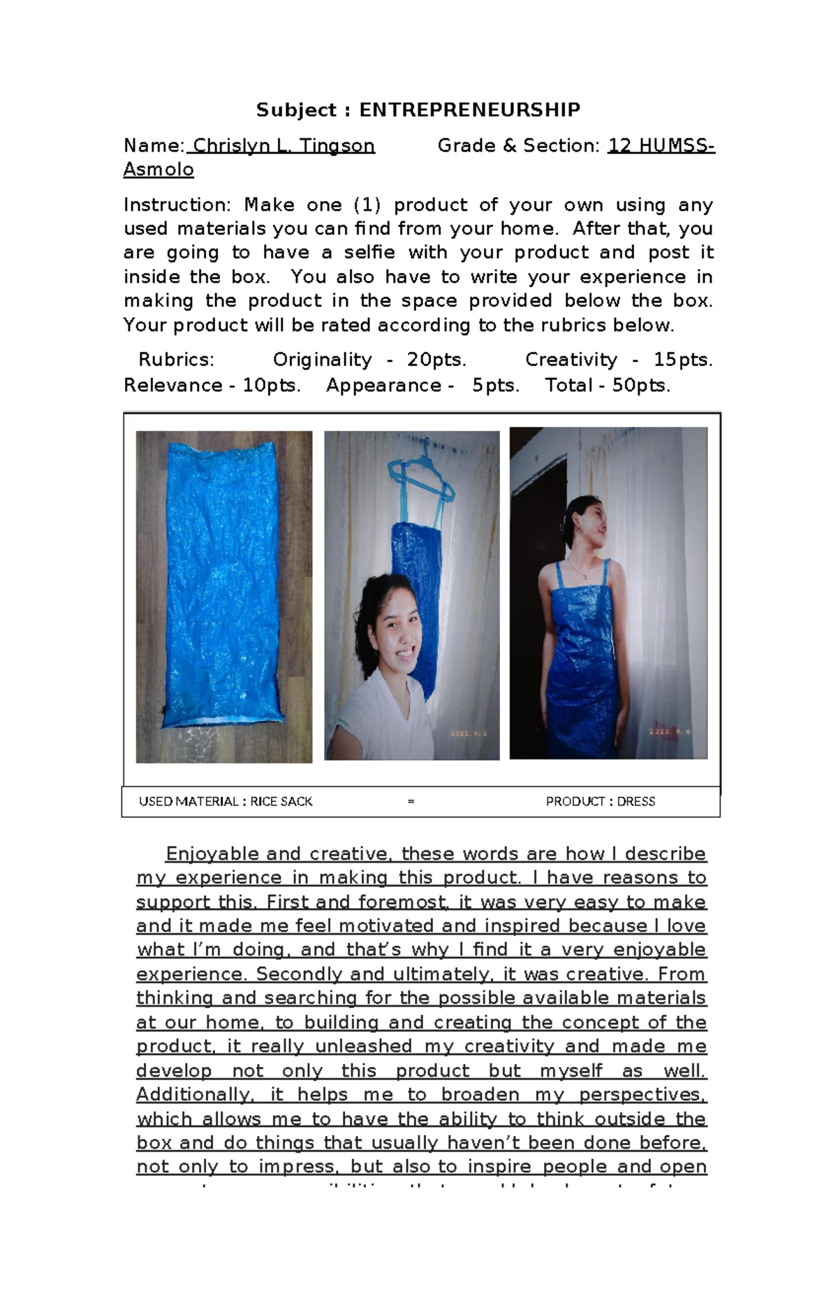Entrep 12 HUMSS - Assignment 1: Creative Product Development - Studocu