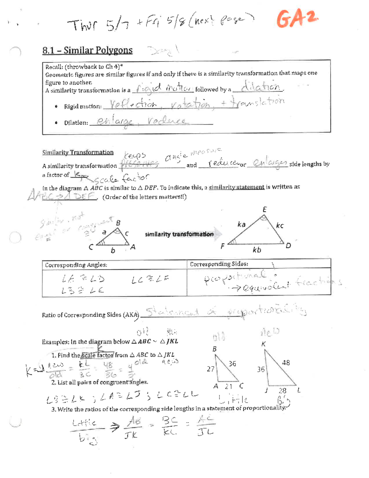 Chapter 8 Notes: GA2 8.1 Similar Polygons and Transformations - Studocu