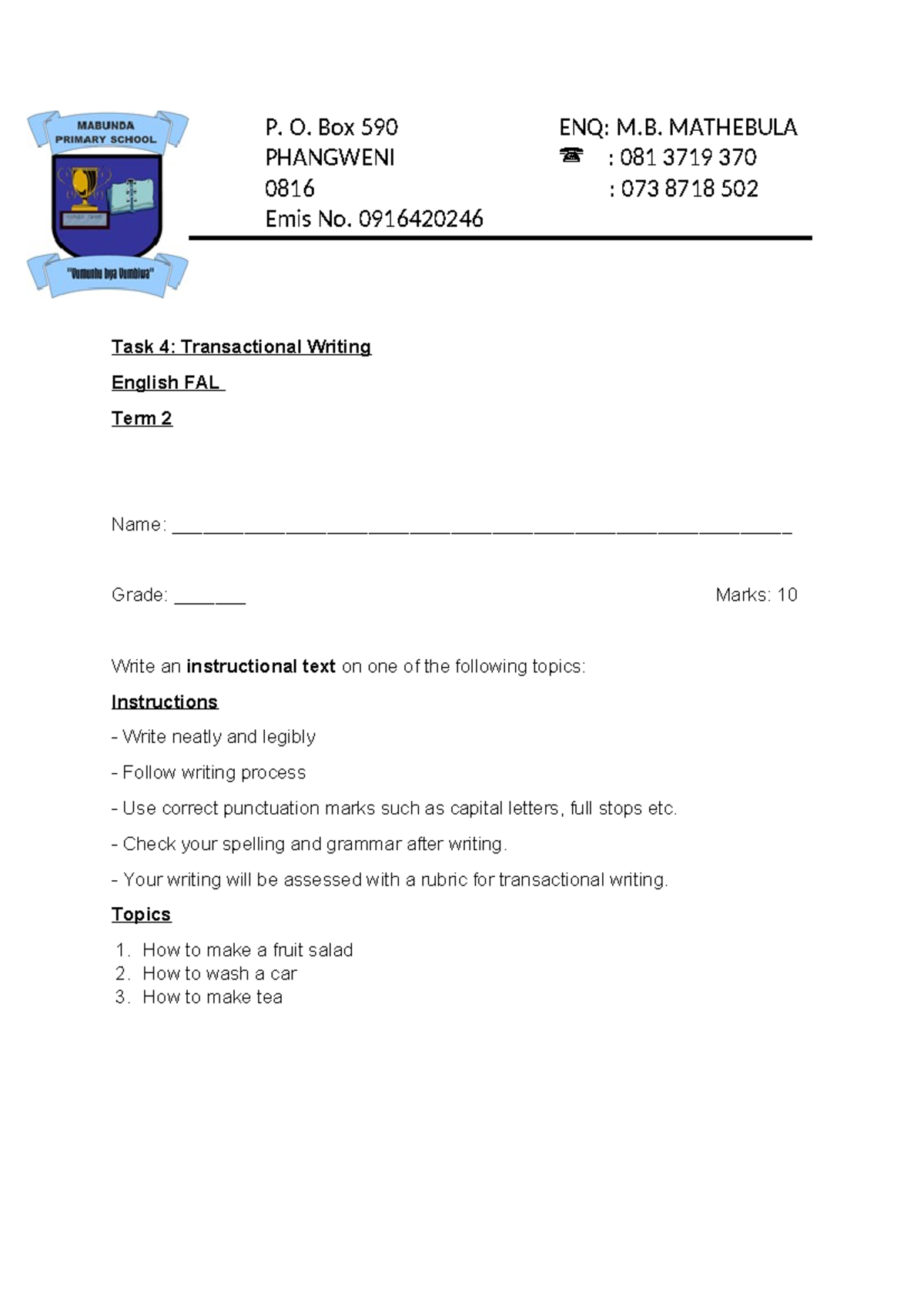 Grade 5 Term 2 Task: Instructional Writing Guidelines - Studocu