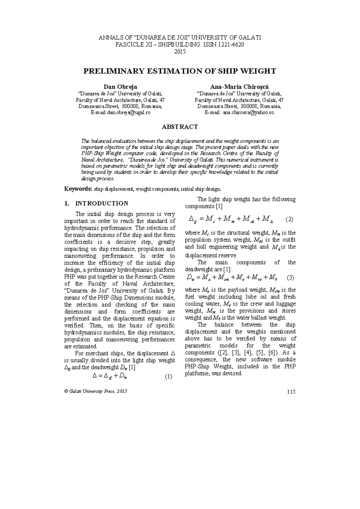 Preliminary Estimation of Ship Weight - Research at Galati University ...
