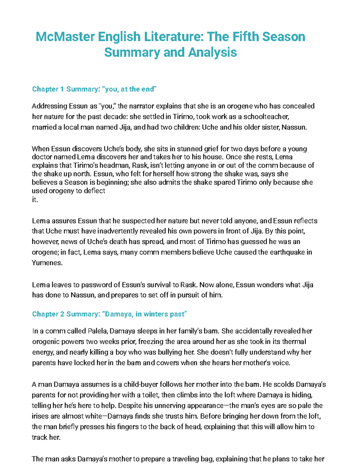McMaster English Literature: Summary & Analysis of The Fifth Season ...