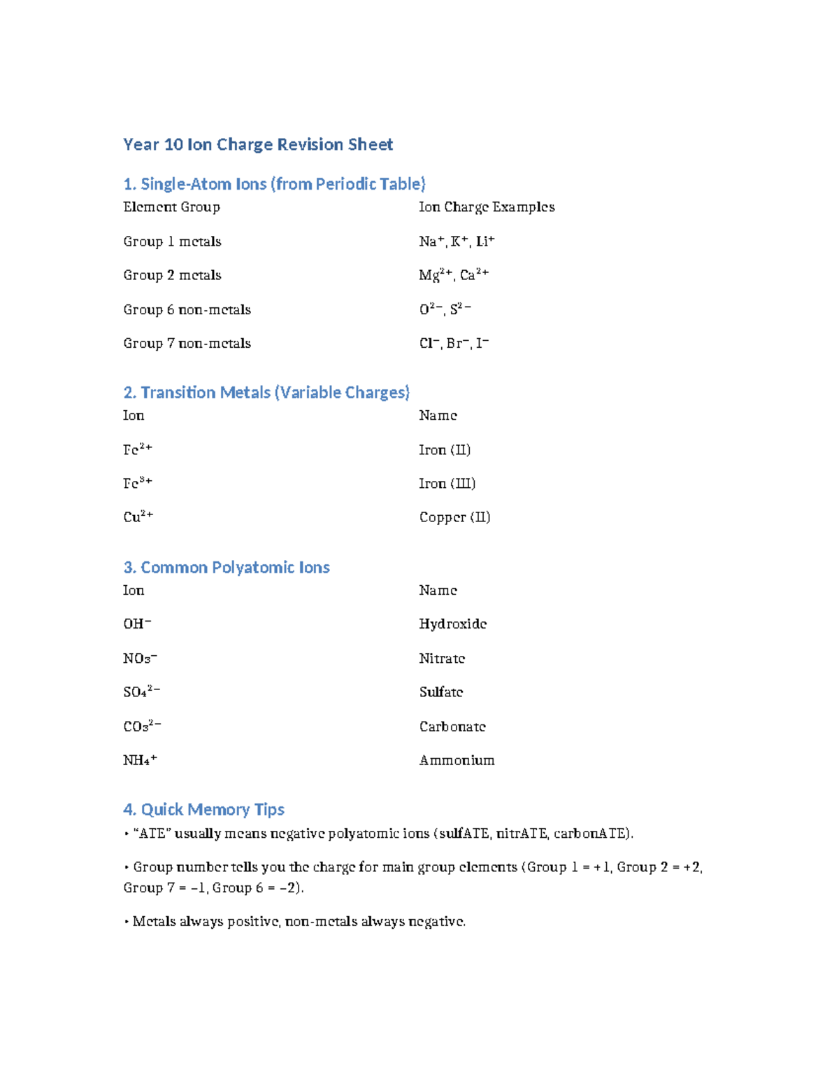 Year10 Ion Charge Revision Sheet - Single-Atom Ions (from Periodic ...