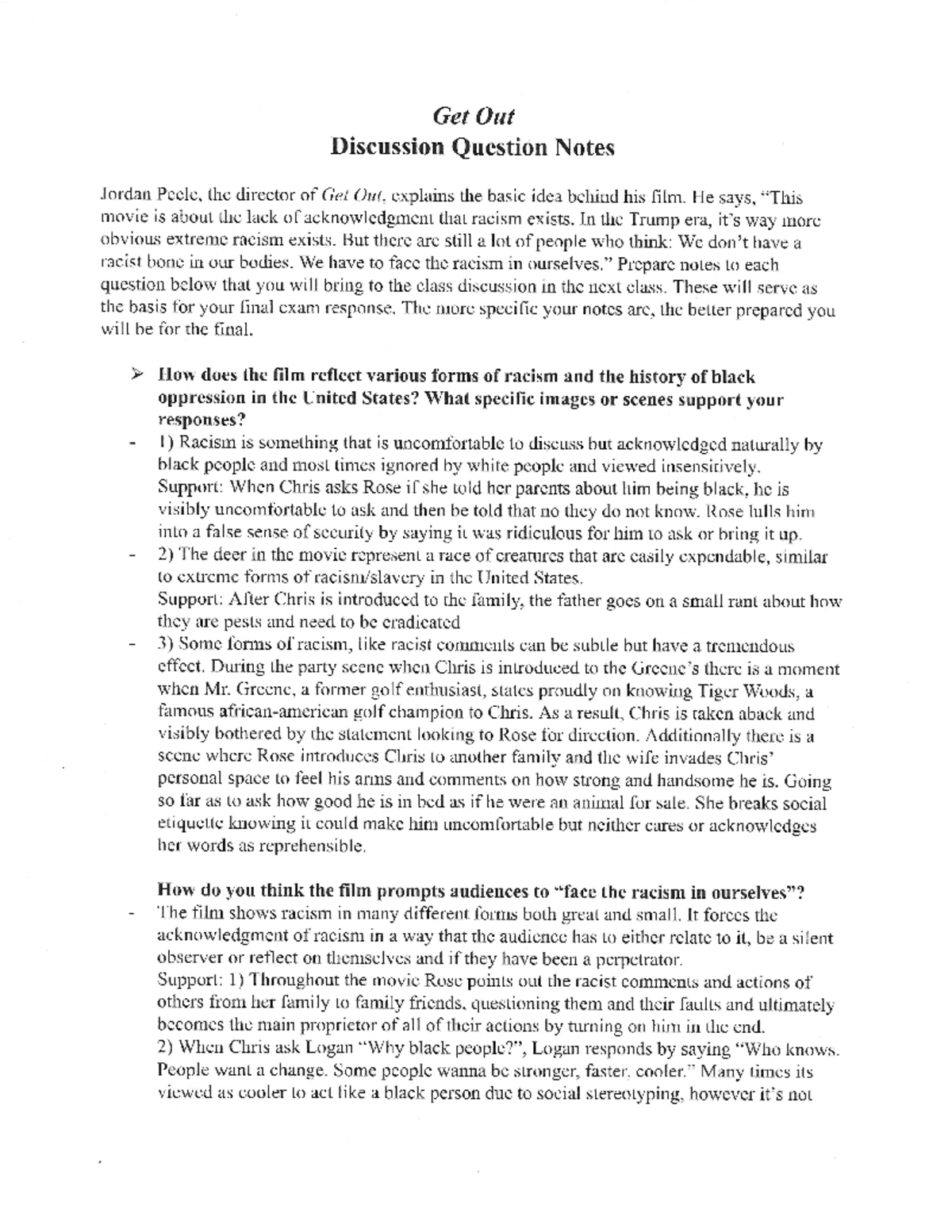 Get Out (Film) Class Discussion Notes for Final Exam Preparation - Studocu