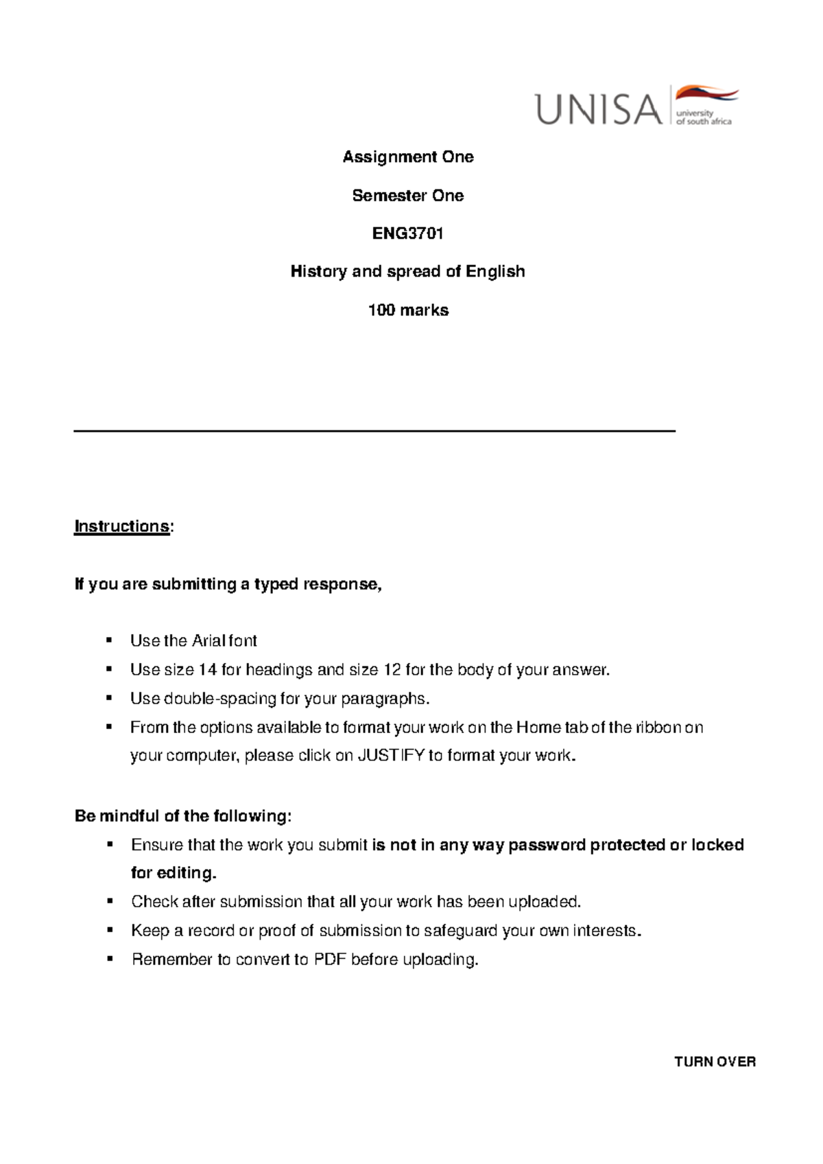 Eng 3701 Assignment 01 2024 - TURN OVER Assignment One Semester One ENG 3701 History and spread ...