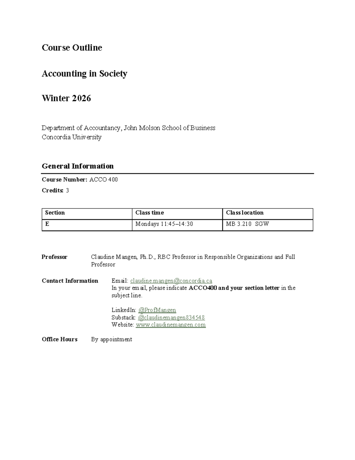 ACCO 400 Course Outline: Accounting in Society Winter 2026 - Studocu