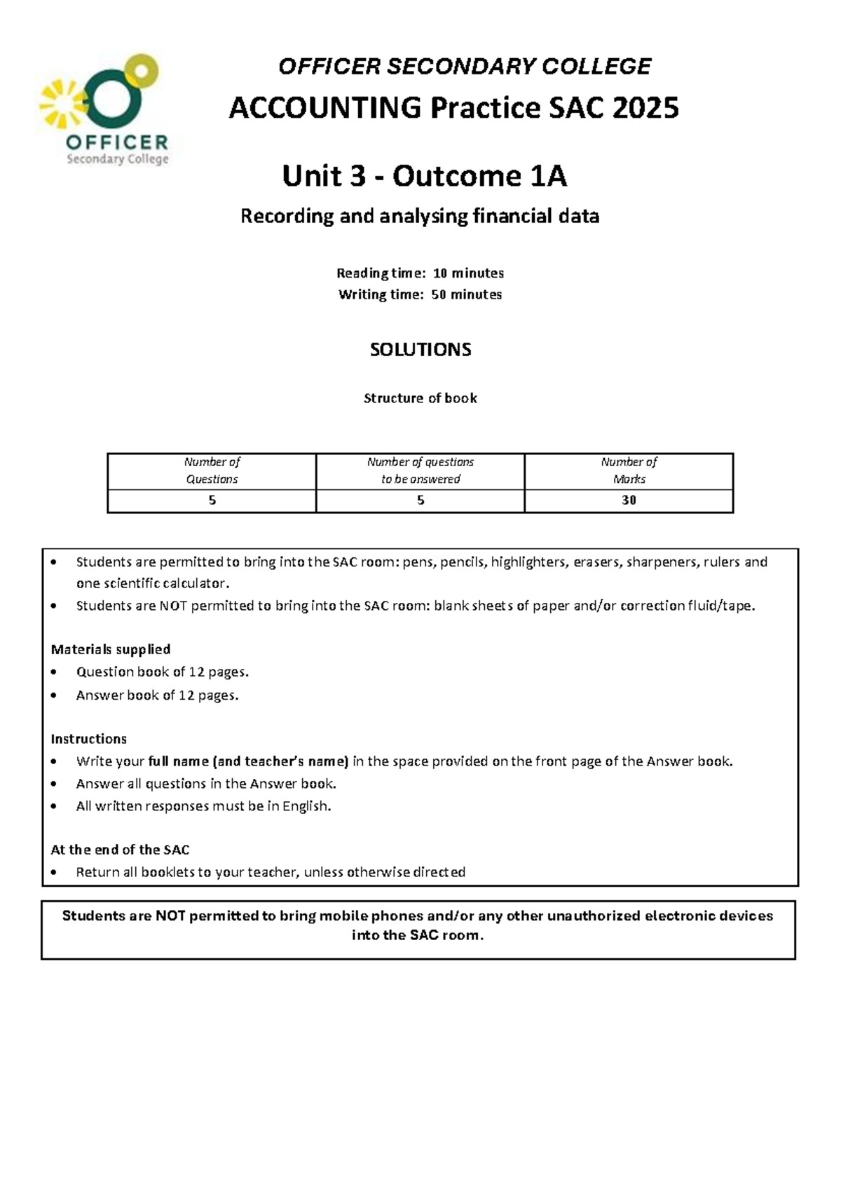 Unit 3 Accounting AOS 1 SAC 1a 2025 Practice Solutions - Studocu