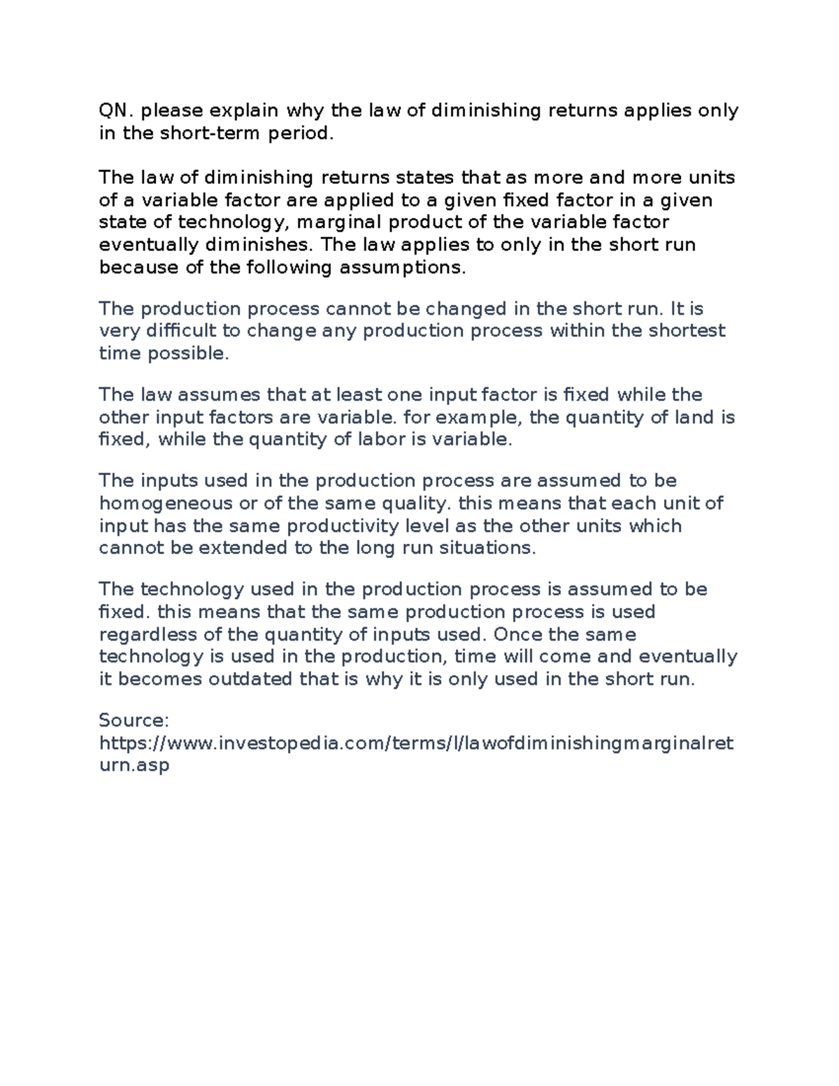 Law of Diminishing Returns: Short Run Analysis and Implications - Studocu