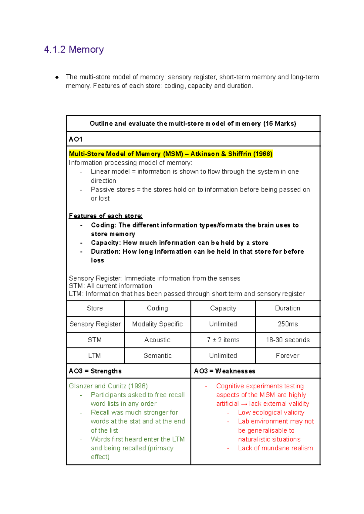 Memory Essay Plans (PSY101): Outline & Evaluate Key Models and Theories ...