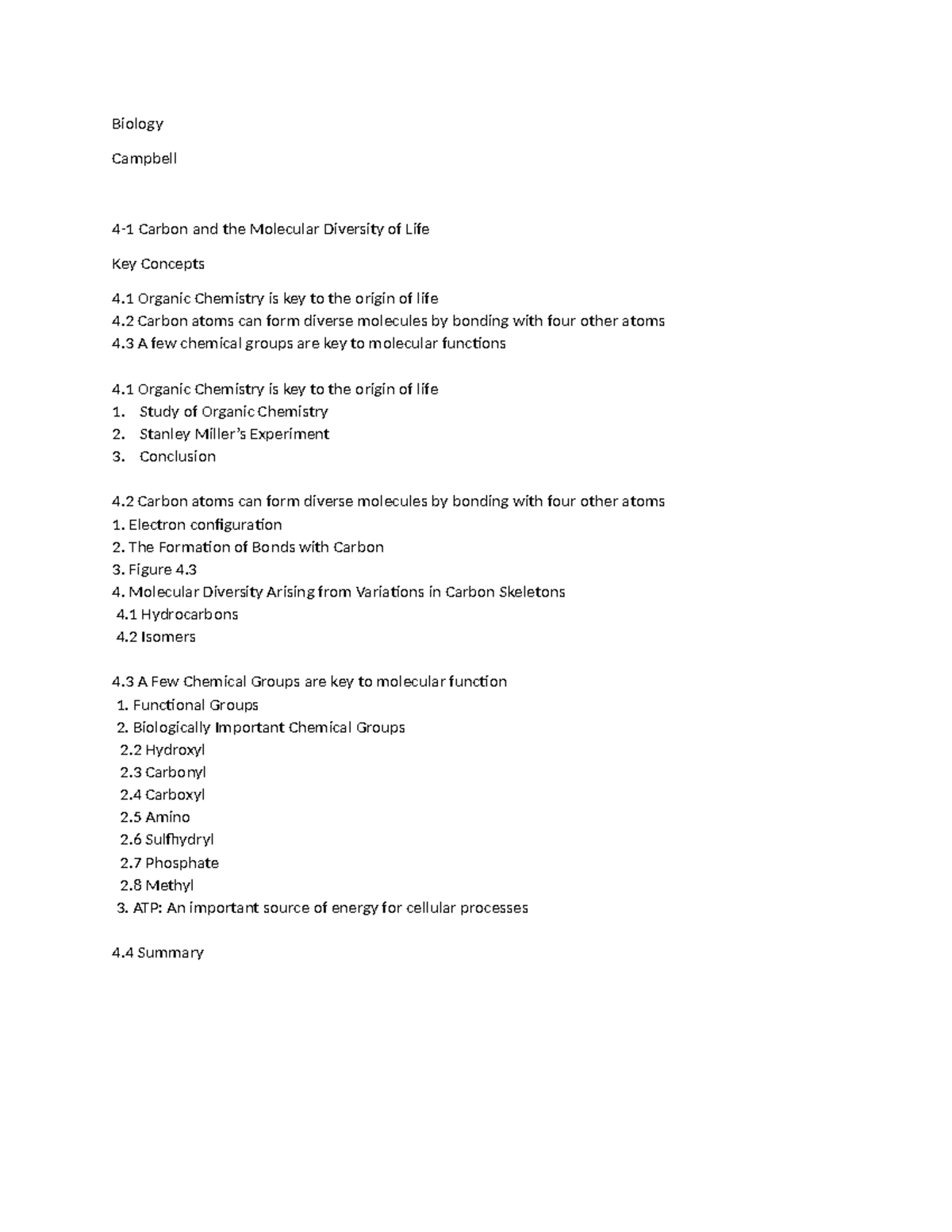 Biology 101: Campbell notes on carbon and molecular diversity - Studocu