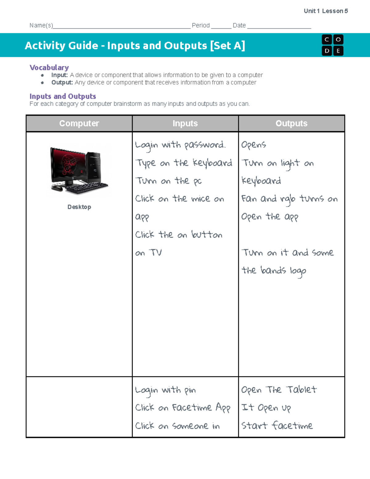 U1L05 Activity Guide: Exploring Computer Inputs & Outputs (Set A) - Studocu