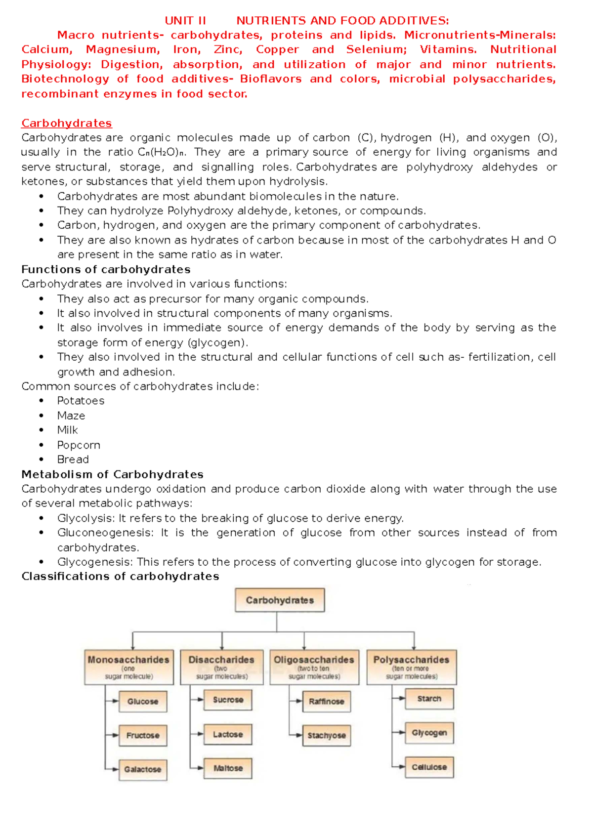 UNIT II: Nutrients & Food Additives - Carbohydrates, Proteins, and ...