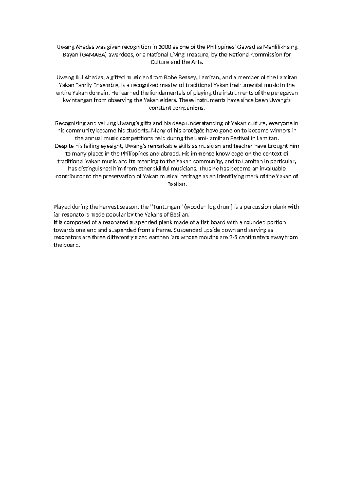 UWANGCONTEMPORARY: The Legacy of Uwang Ahadas in Yakan Music - Studocu