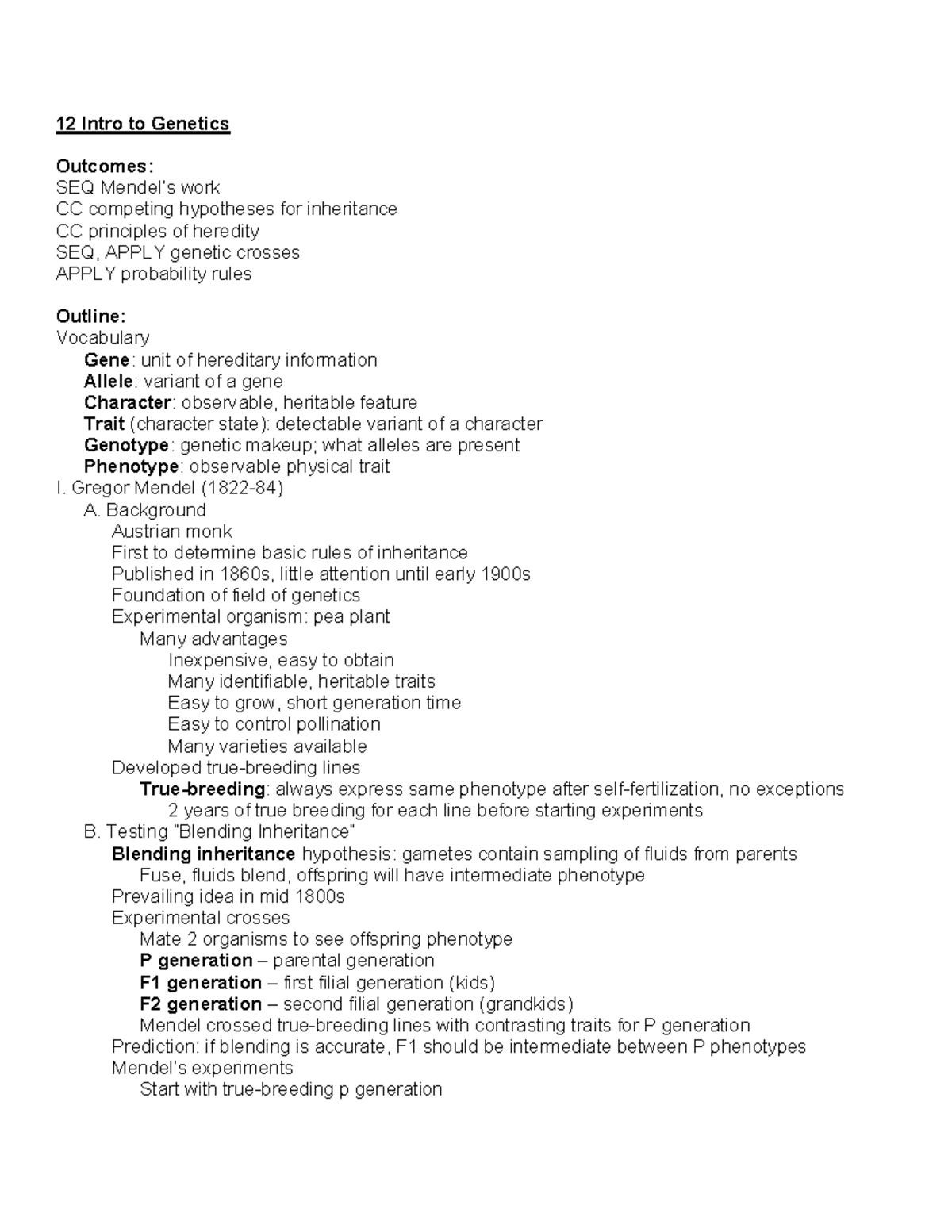 12 Intro to Genetics: Mendelian Inheritance & Genetic Crosses Outline ...