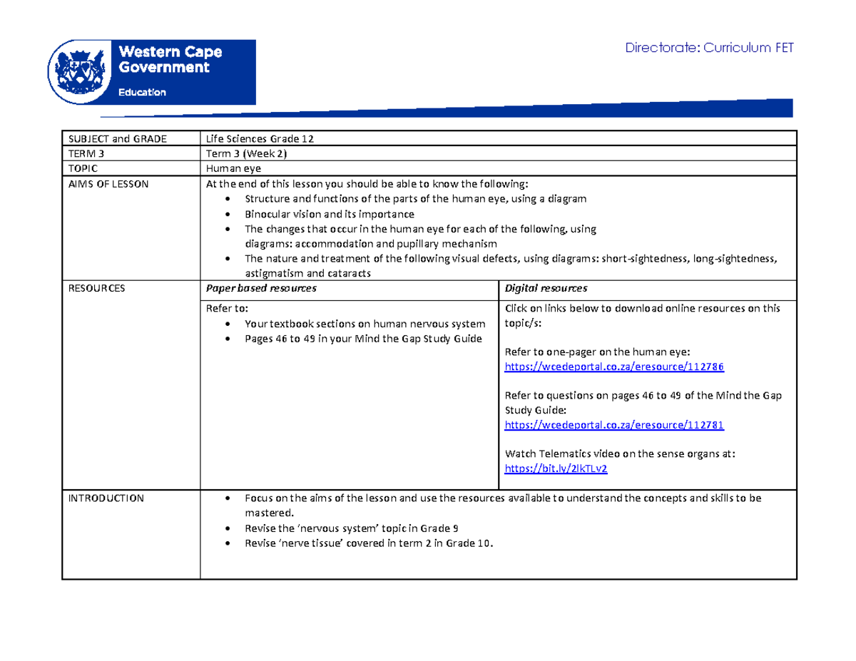Life sciences Grade 12 Term 3 lesson on the human eye - Studocu
