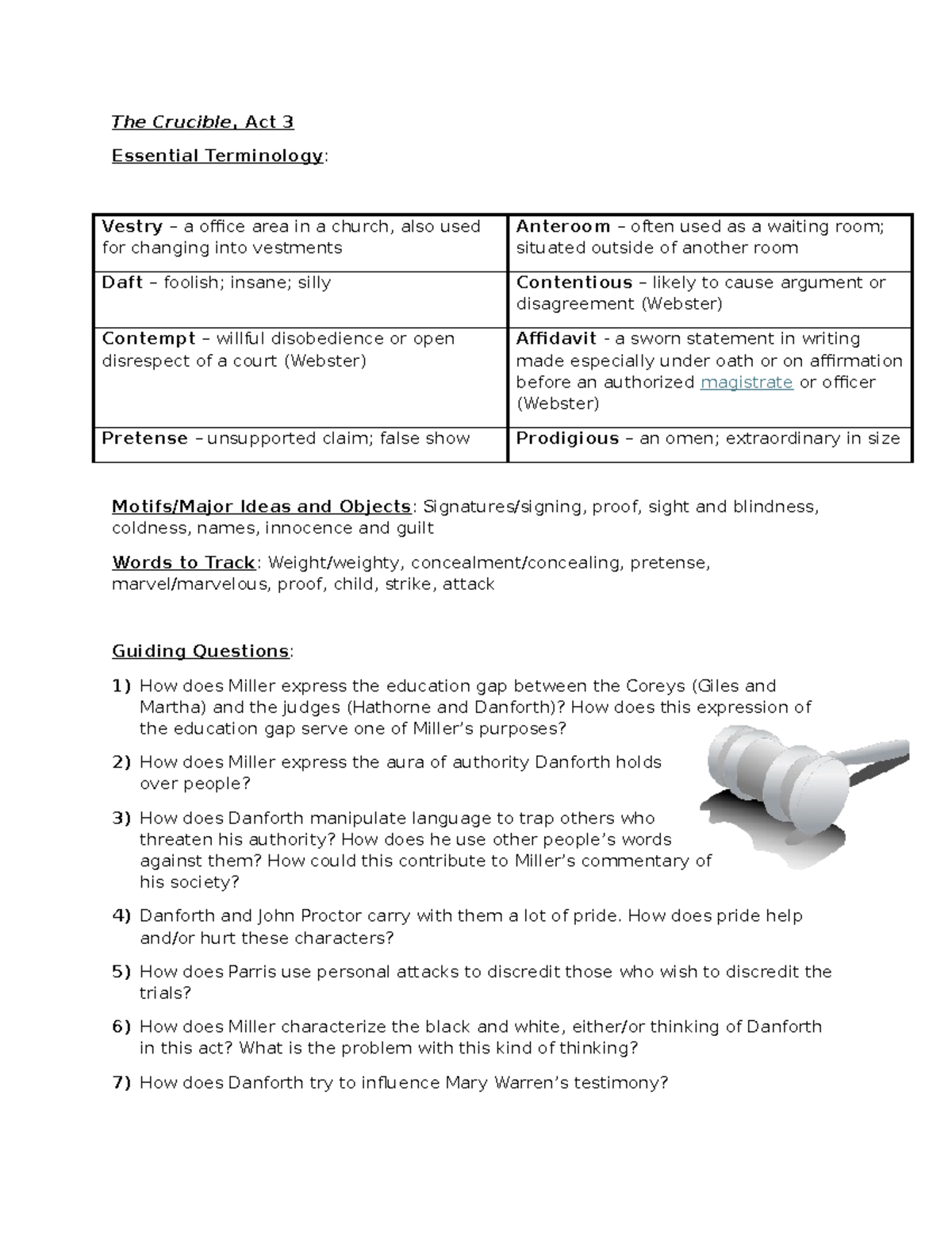 The Crucible (ENG 101): Act 3 & 4 Essential Questions and Terminology ...