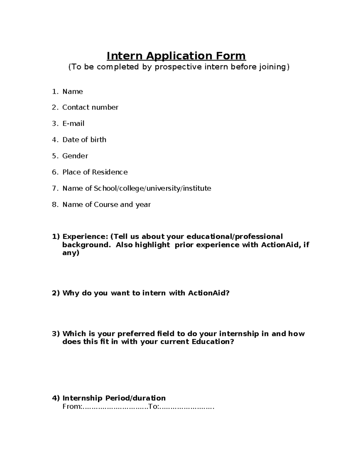 Internship Application form - Intern Application Form (To be completed ...