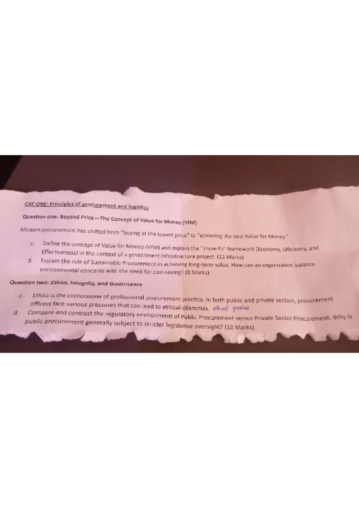 CAT ONE: Principles of Procurement and Logistics Exam Questions - Studocu