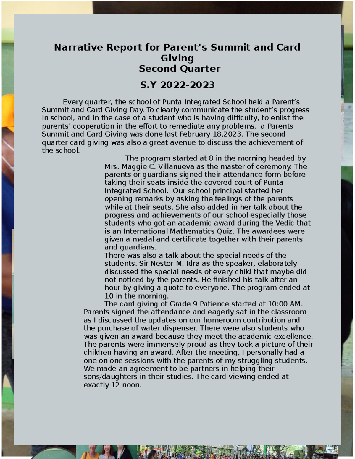 Narrative Report for Parent second quarter - Narrative Report for ...