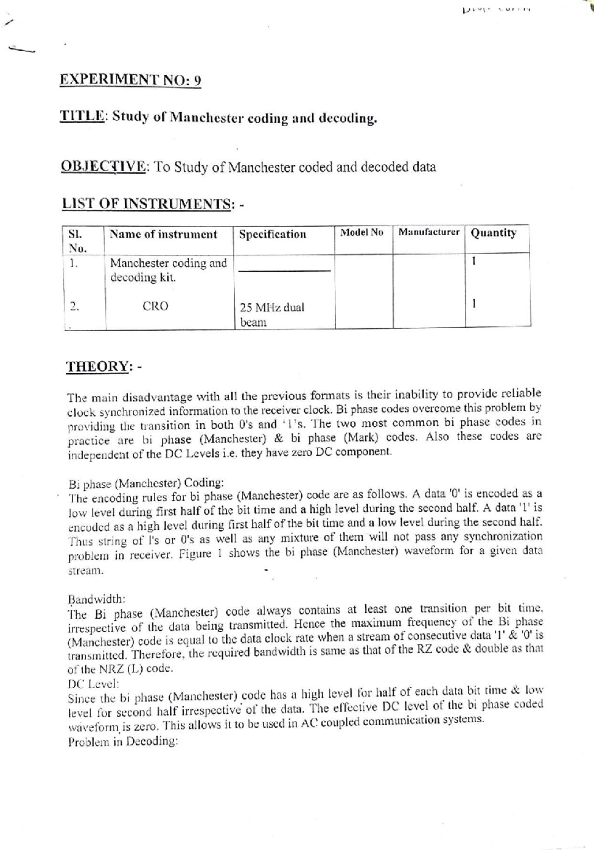 Study of Manchester Coding & Decoding - EXPERIMENT NO: 9 - Studocu