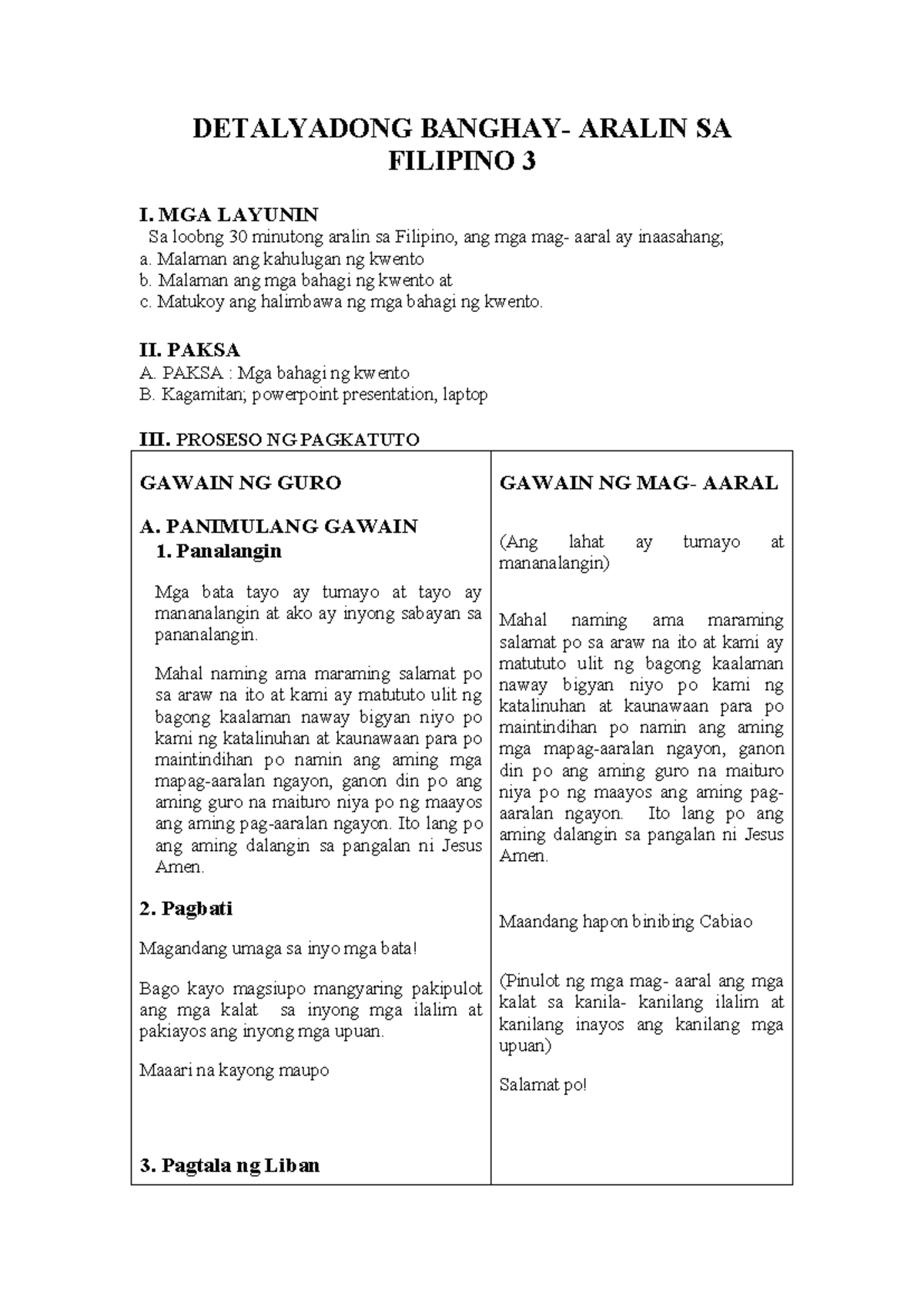 FILIPINO 3: Lesson Plan on Story Parts and Objectives - Studocu