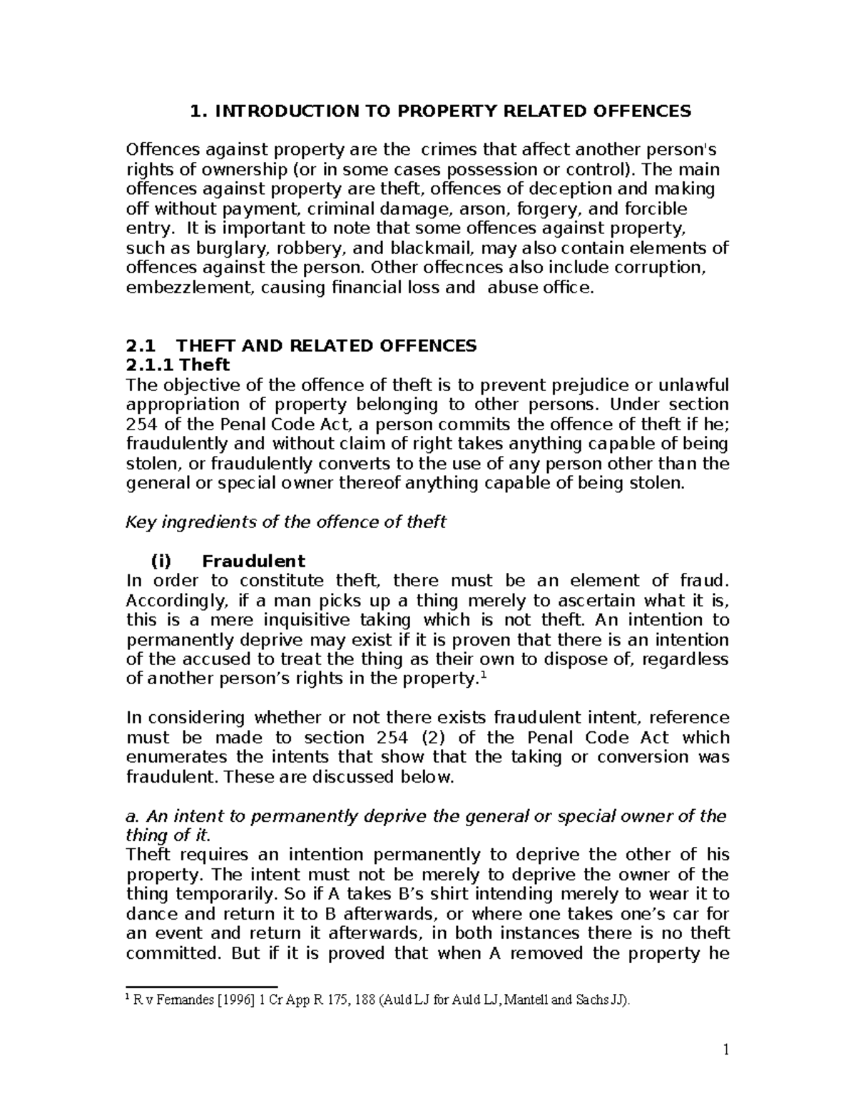 Class Notes on Property Offences and Theft - 2019-1 - Studocu
