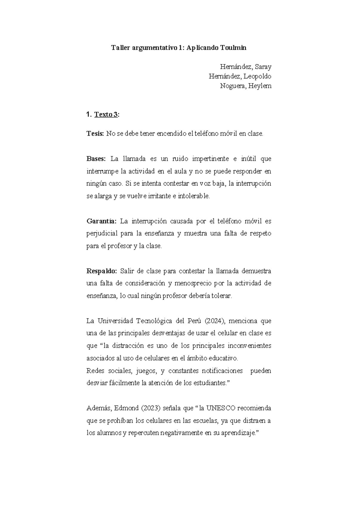 TA1: Argumentative Essay on Mobile Phones in Class by Hernández et al ...