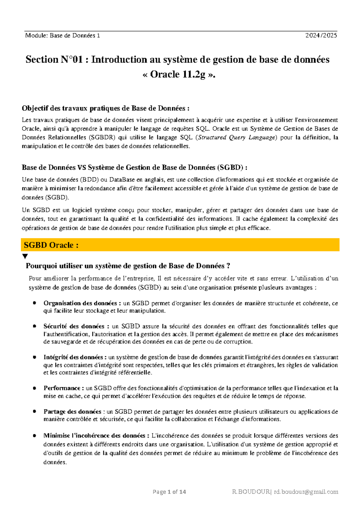 Cours 1 BDD: Introduction à Oracle 11.2g et SQL - 2024-2025 - Studocu