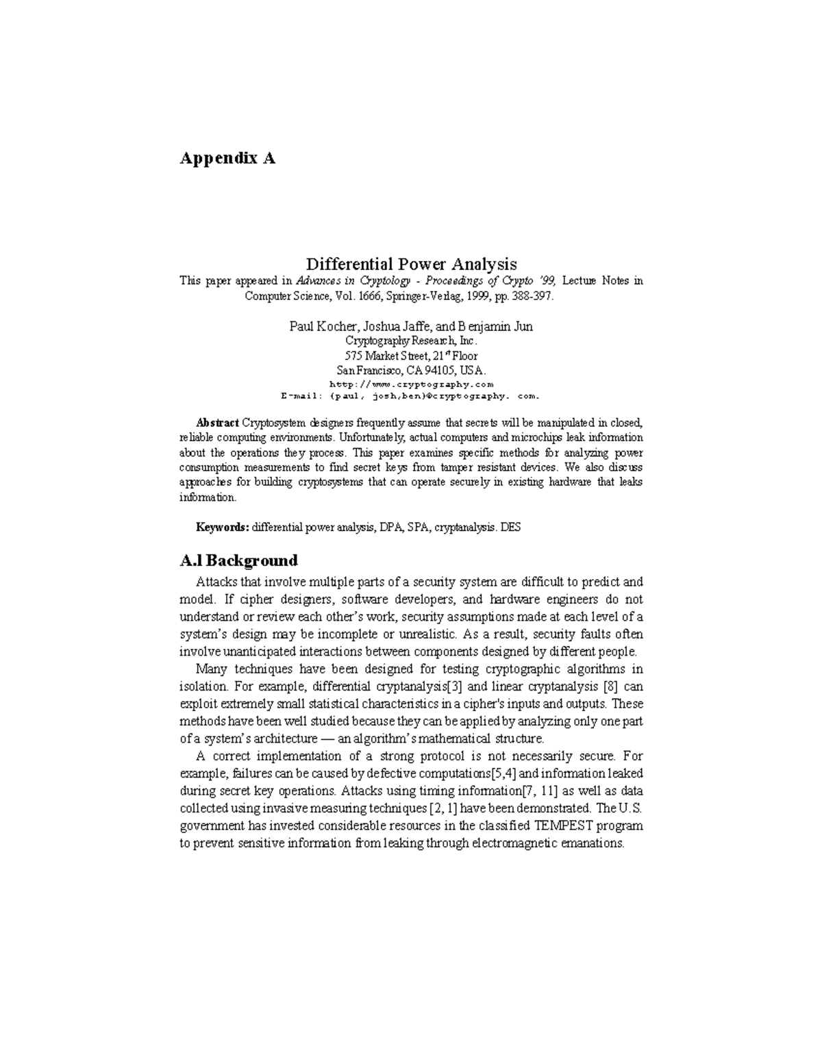 Appendix A: Differential Power Analysis in Cryptography (Lecture Notes ...