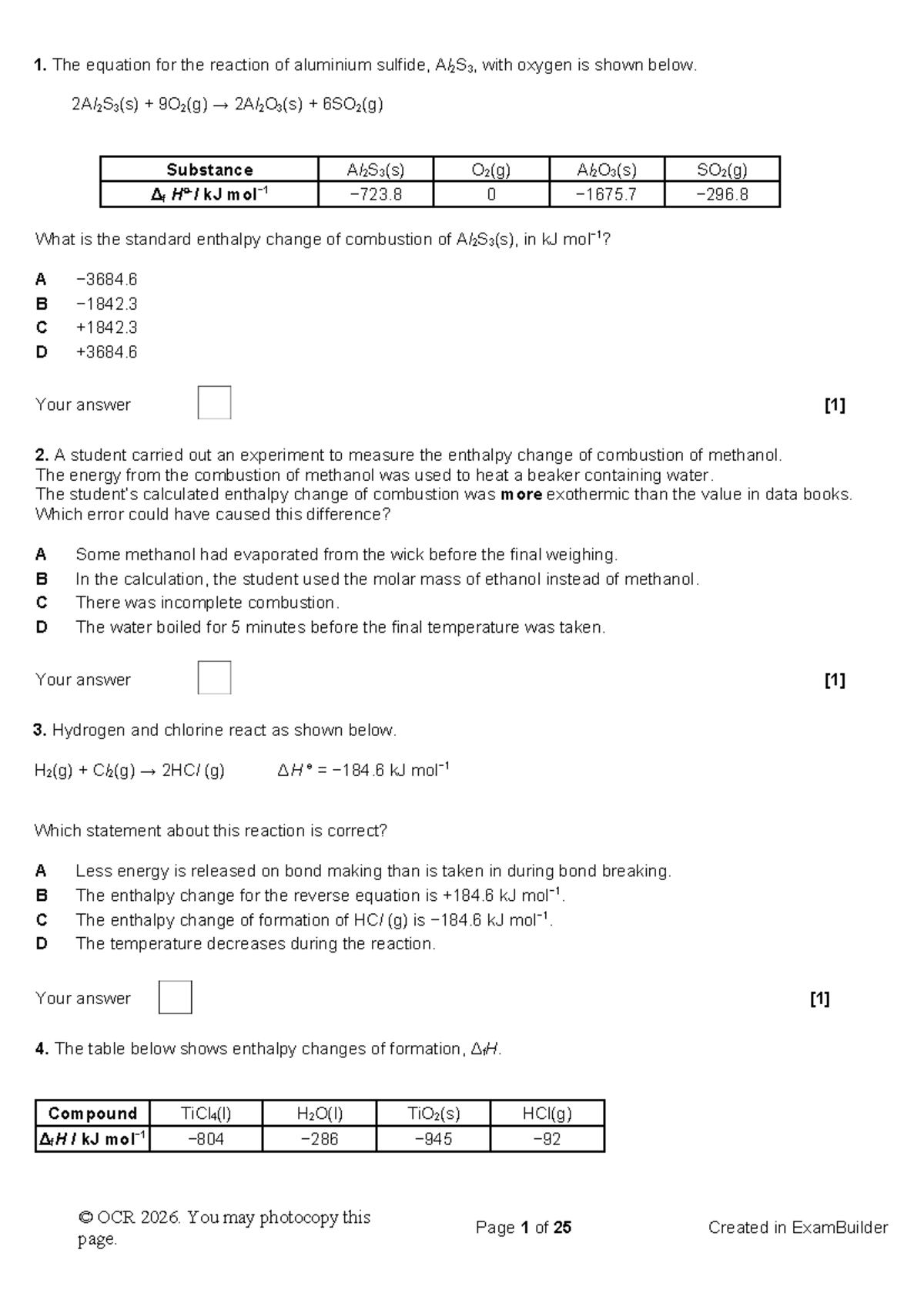 OCR 2026: Enthalpy Change of Combustion Exam Questions - Studocu
