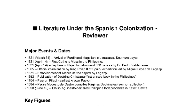 Literature Under Spanish Colonization Reviewer - n Literature Under the ...