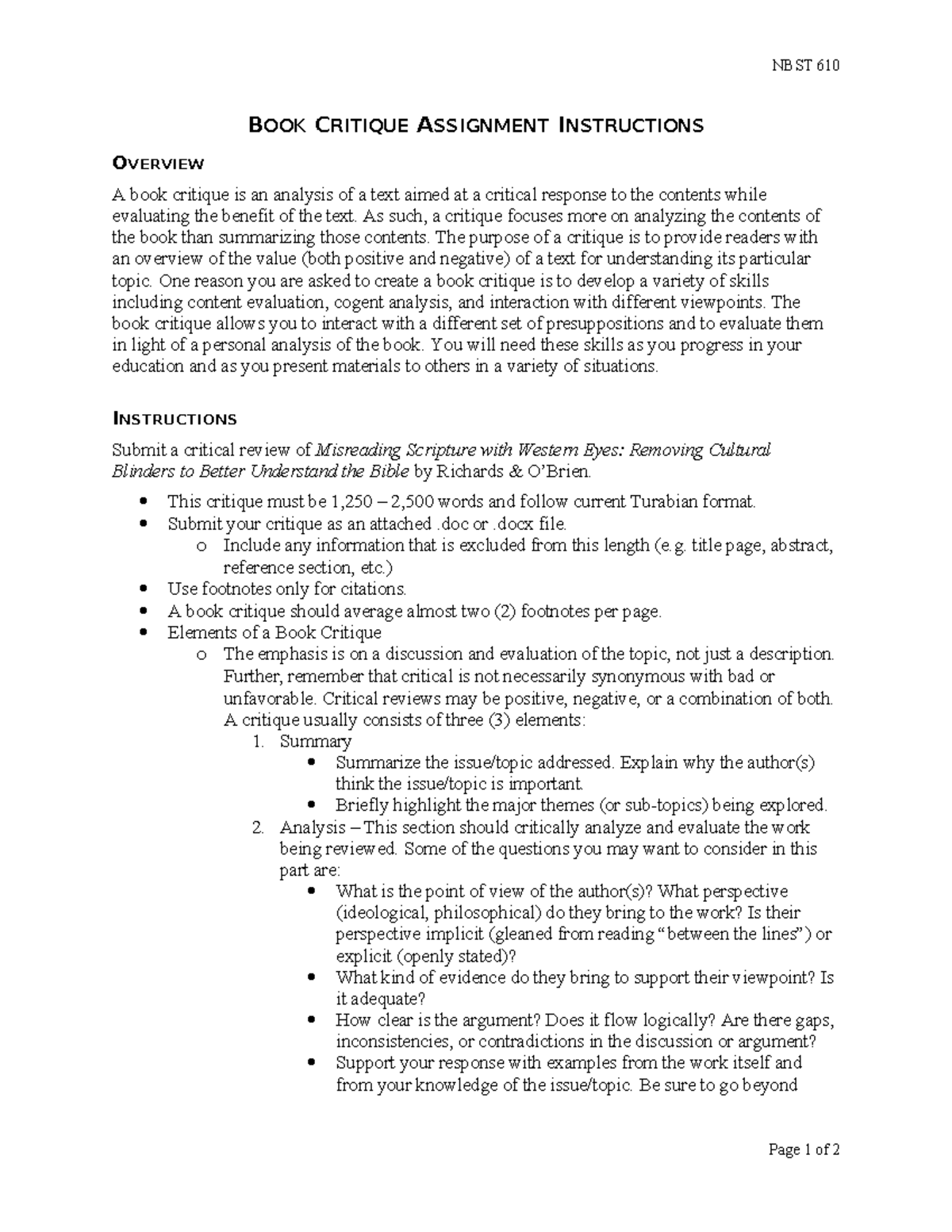Book Critique Assignment Instructions - NBST 610 BOOK CRITIQUE ...