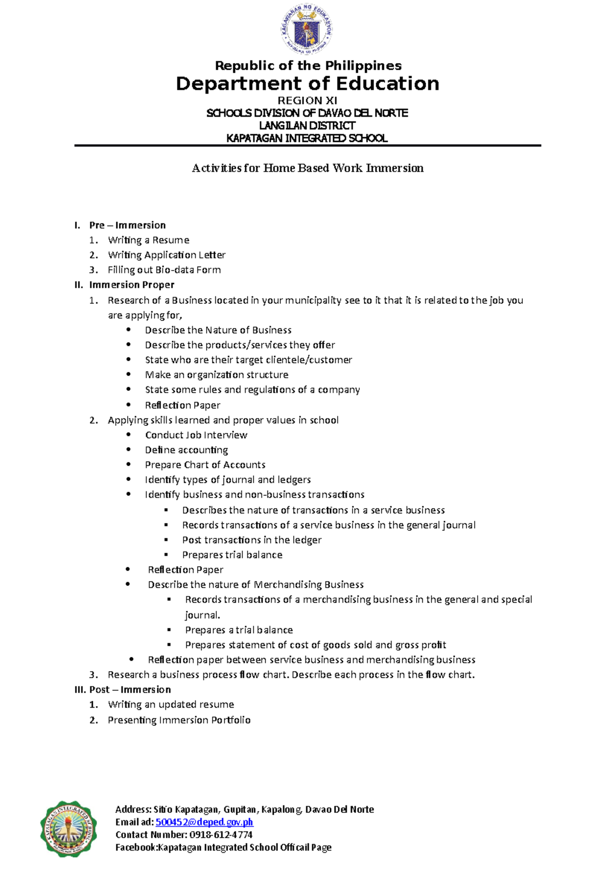 Activities Home Based Work Immersion Plan - Republic of the Philippines ...